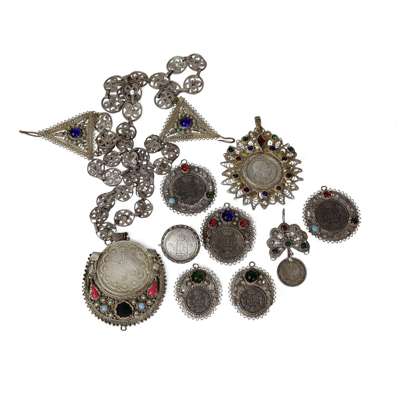 BALKAN COSTUME JEWELLERY, 9 pieces., silver coins, and partly silvered ...