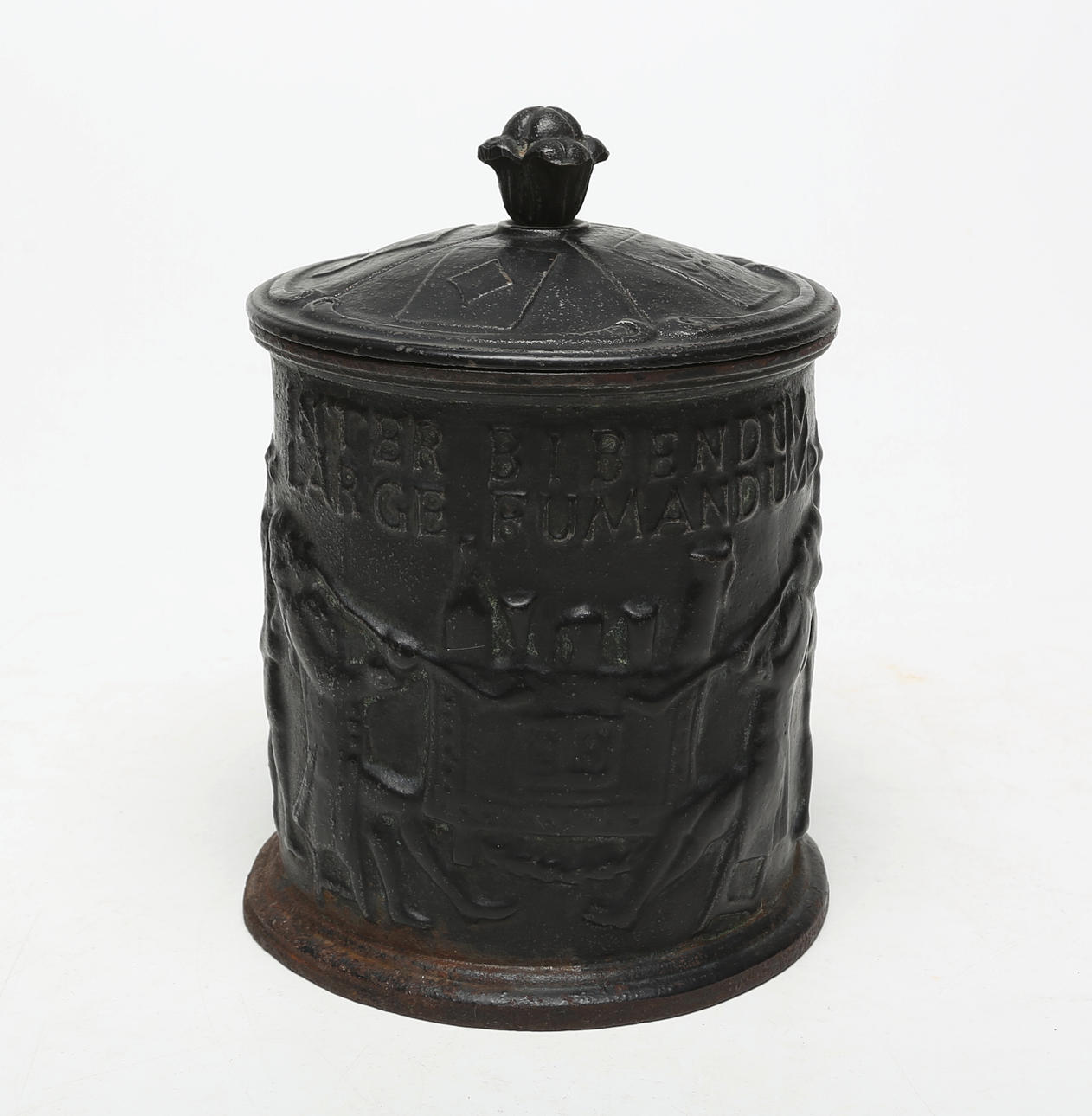 A cast iron tobacco jar, after an antique model, 20th century. Silver ...