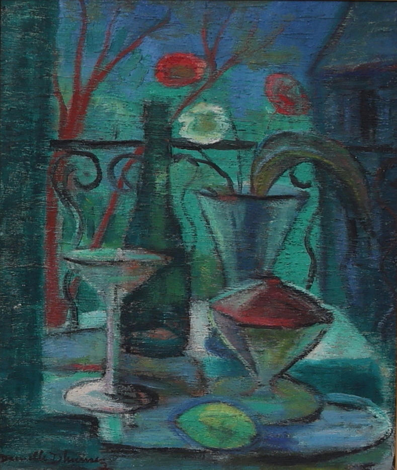 Danielle Dhumez (France, 1910—2005) Still life with glass and bottles ...