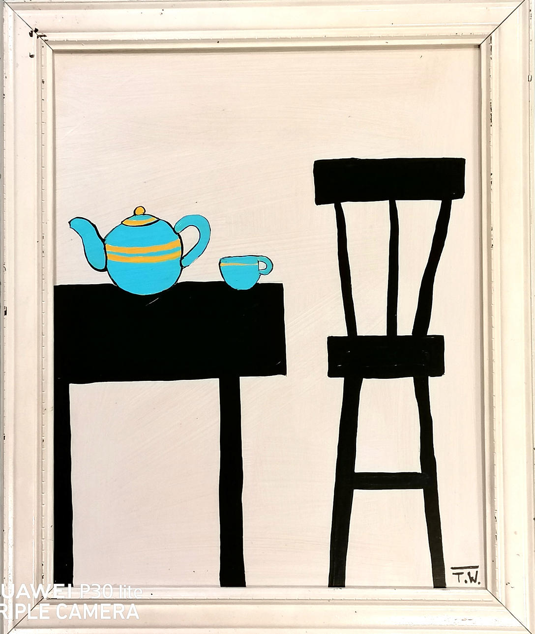 *TERENCE WOOD PAINTING OF TABLE & CHAIR WITH BLUE TEAPOT + CUP. Art ...