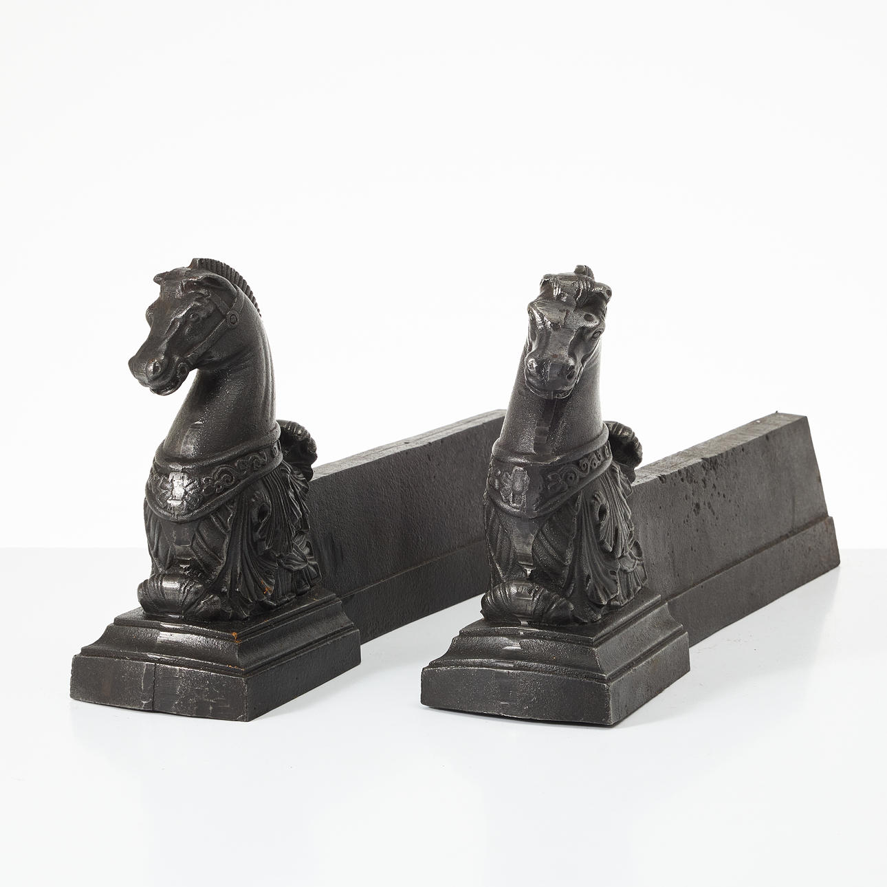 FIRE DOGS, 1 pair, horse heads, paired, cast iron. Miscellaneous ...
