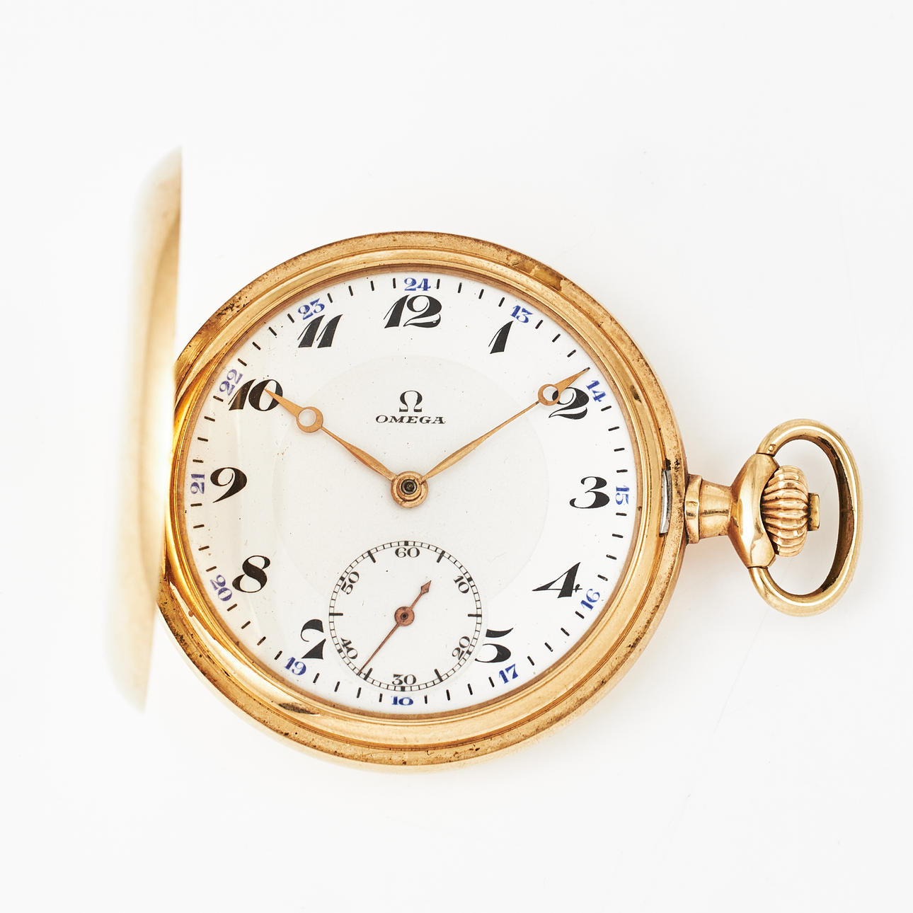 OMEGA, pocket watch, 14k gold, savonet, white enamelled dial, Arabic ...