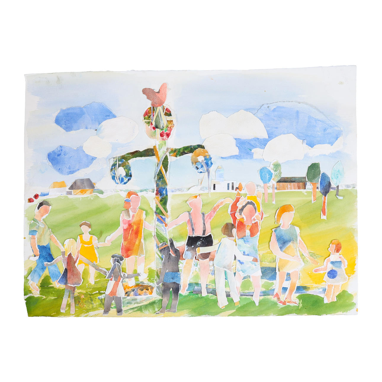 GUDRUN WIKDAHL. Midsommar, collage. Konst - Måleri - Auctionet