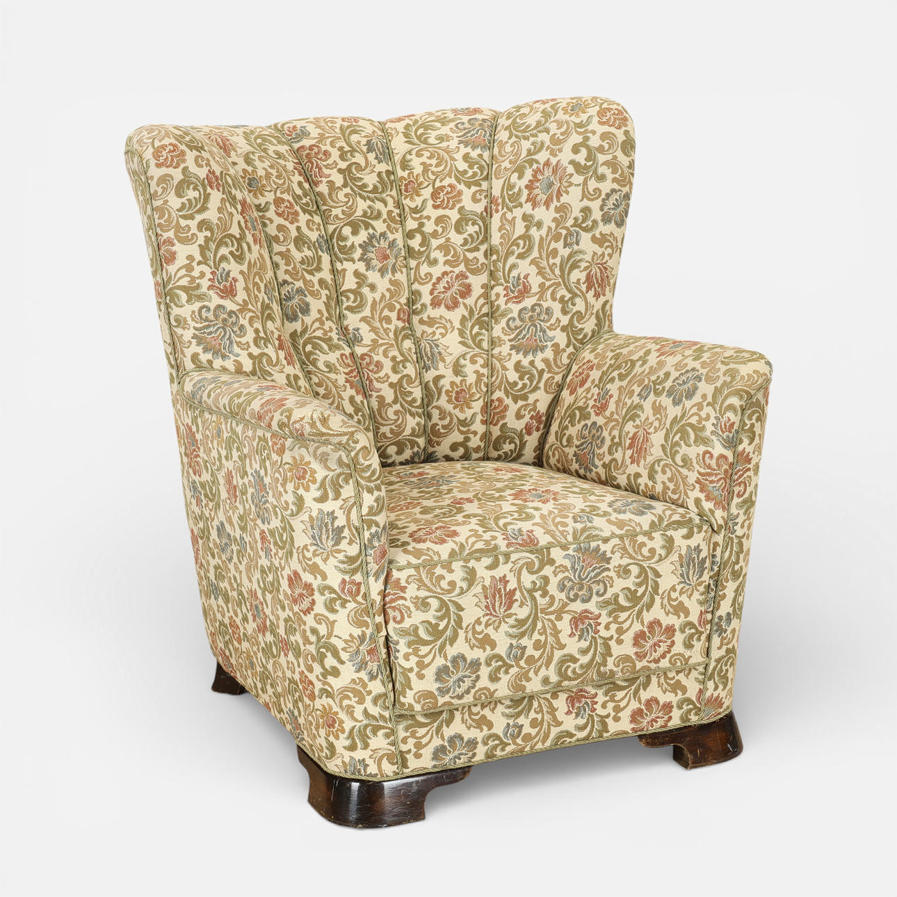 Upholstered armchair with legs of stained beech, upholstered in floral ...