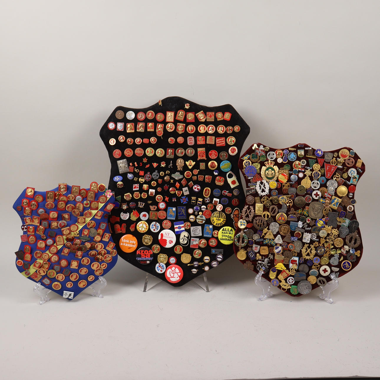 COLLECTION NEEDLE MARKS/PINS, assorted pins, collected 3 shields ...