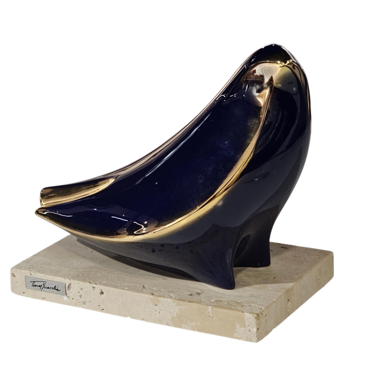 TORRES GUARDIA. Pigeon figure in blue glazed ceramic and golden edges ...