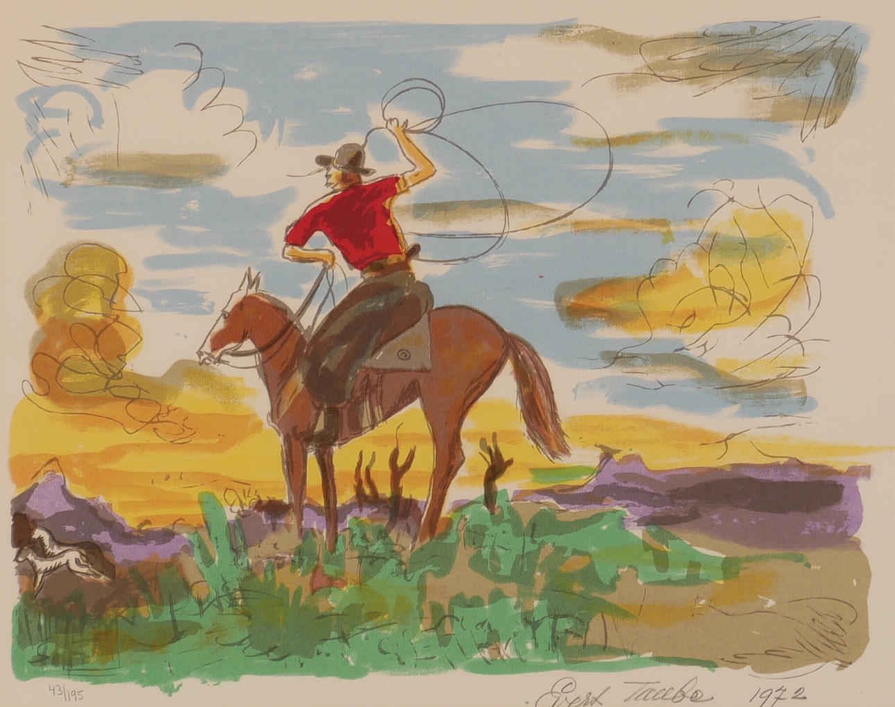 EVERT TAUBE. “Ett lassokast”, serial graphic, signed Evert Taube 1972 ...