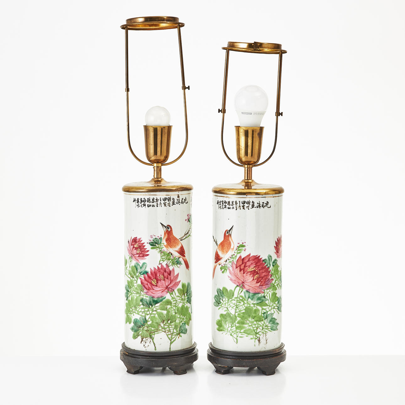 Table lamps, 1 pair, 20th century, porcelain, China, decor in enamel ...