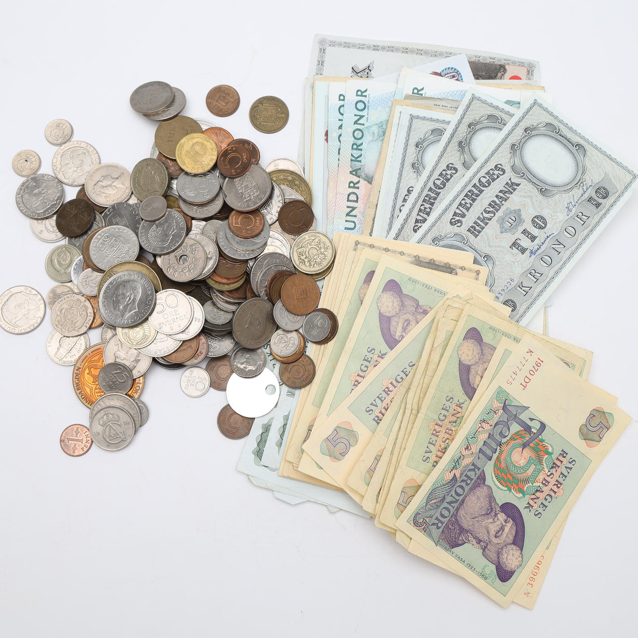 COINS and banknotes, mixed denominations and nationalities. Coins ...