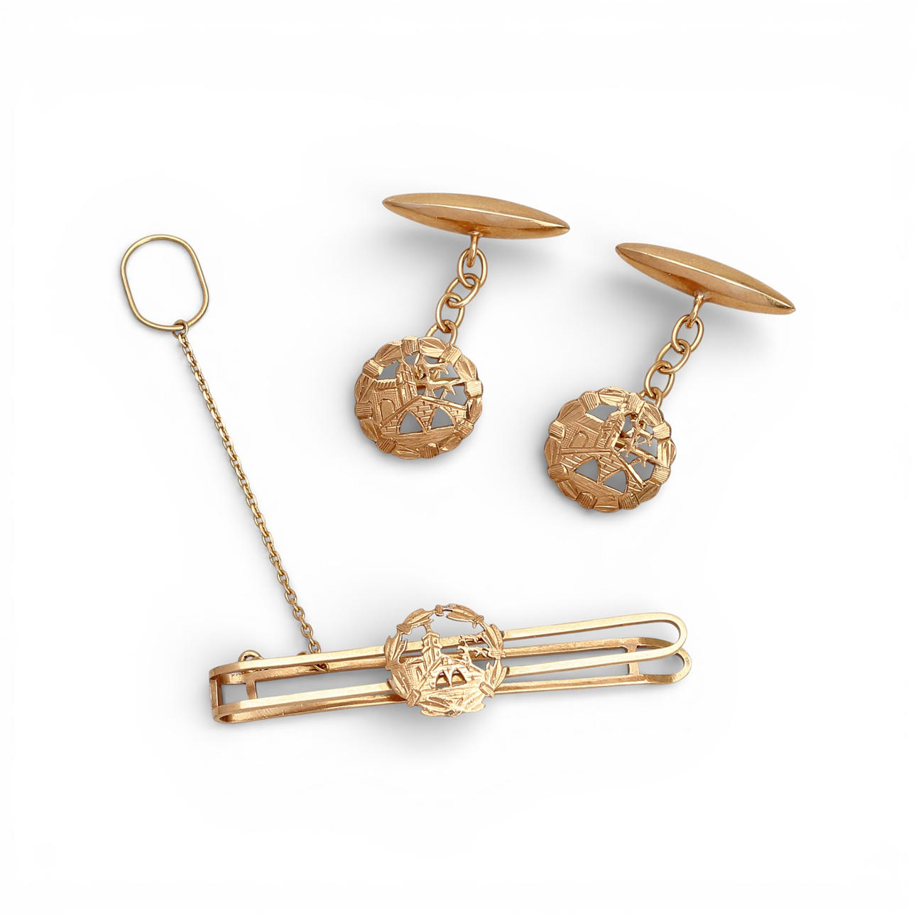 Set of gold tie pin and cufflinks featuring the Athletic crest ...