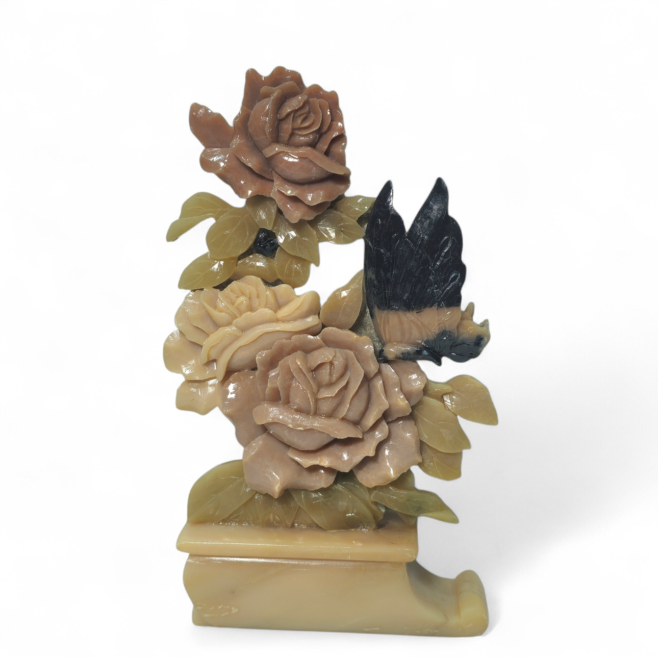 Group of roses with a butterfly in carved hard stone. Asiatica - Jade ...