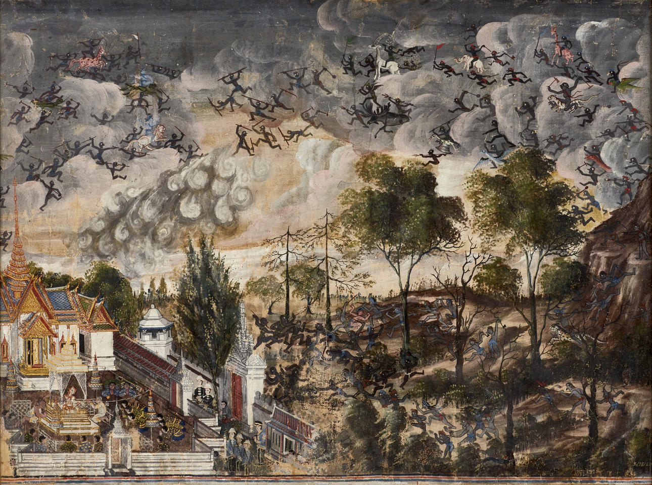 OIDENTIFIERAD KONSTNÄR, Thailand 1900-tal, stridsscen med demoner med ...