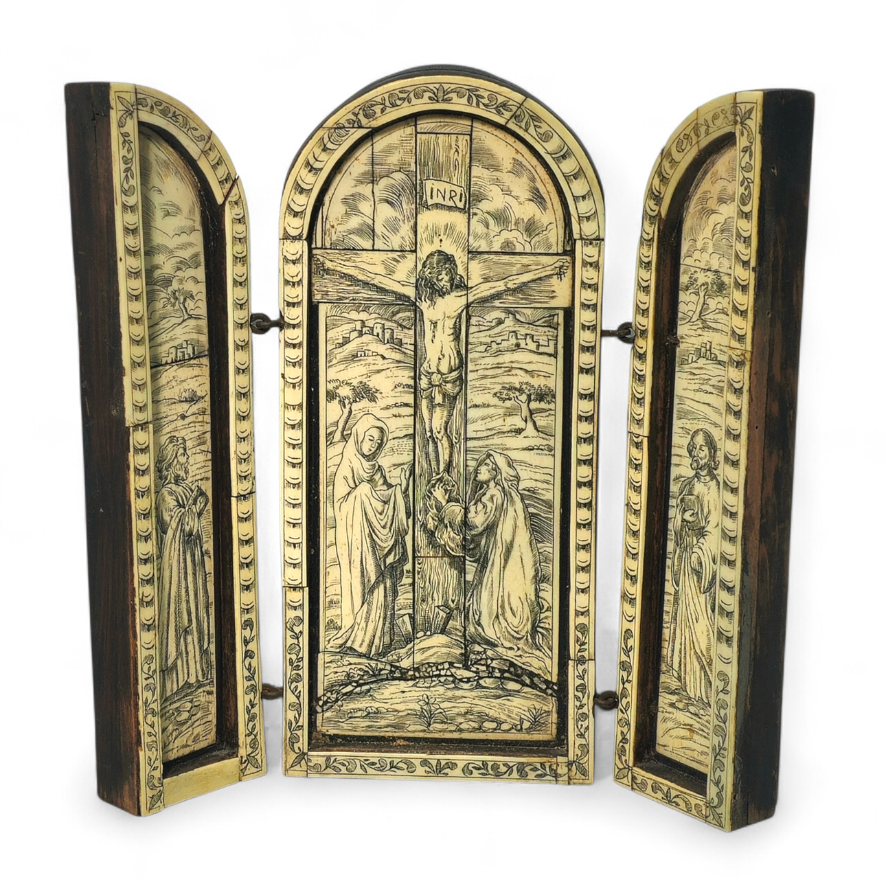Religious triptych, 19th century. With the image of Christ on the Cross ...