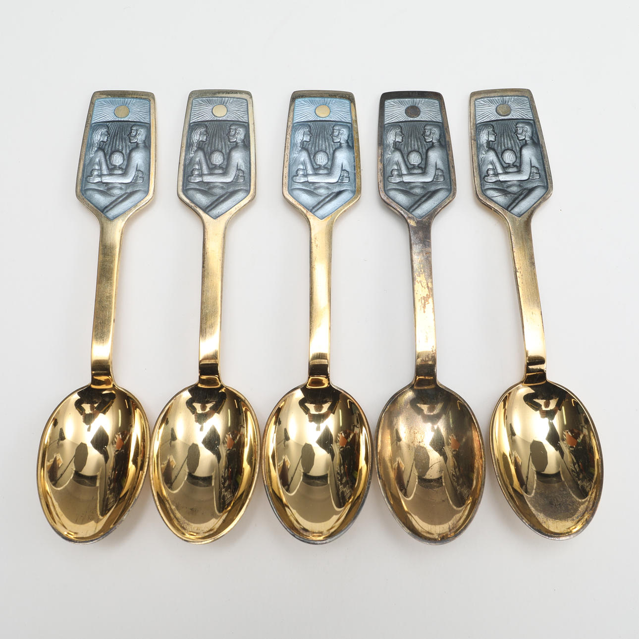 ANTON MICHELSEN. Julskedar, 5 stycken, förgyllt sterlingsilver,Danmark ...