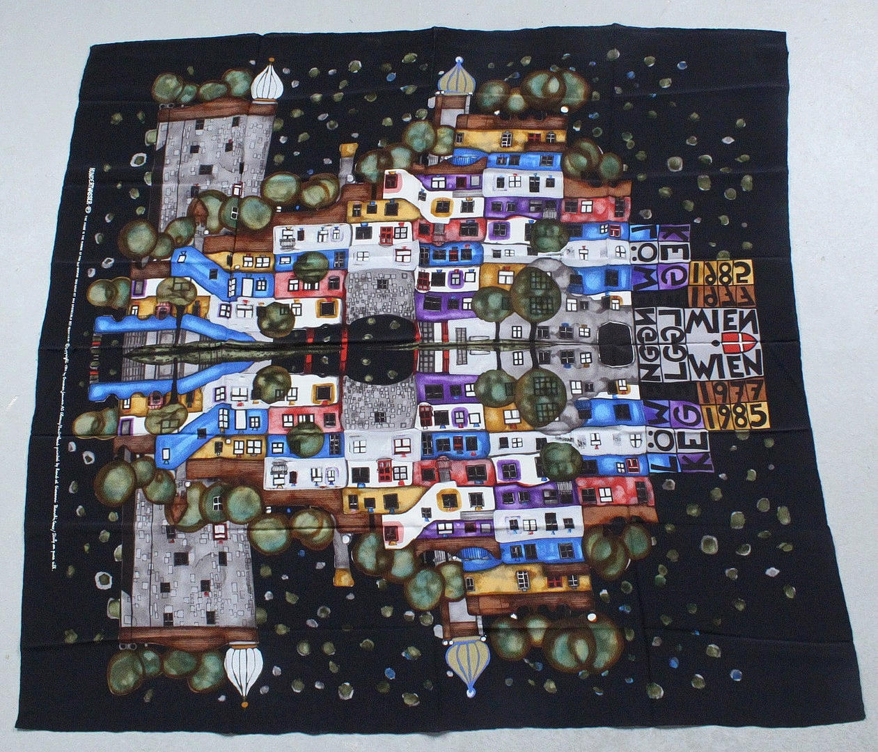 AFTER FRIEDENSREICH HUNDERTWASSER. Silk scarf, motif No. 871 “The house ...