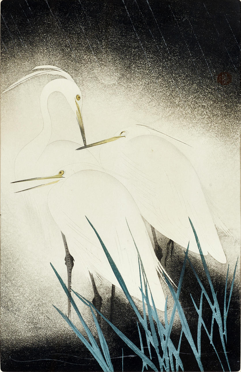 KOEI HASHIMOTO (Japan, 1892-1956), Snow Herons. Woodcut with blind ...