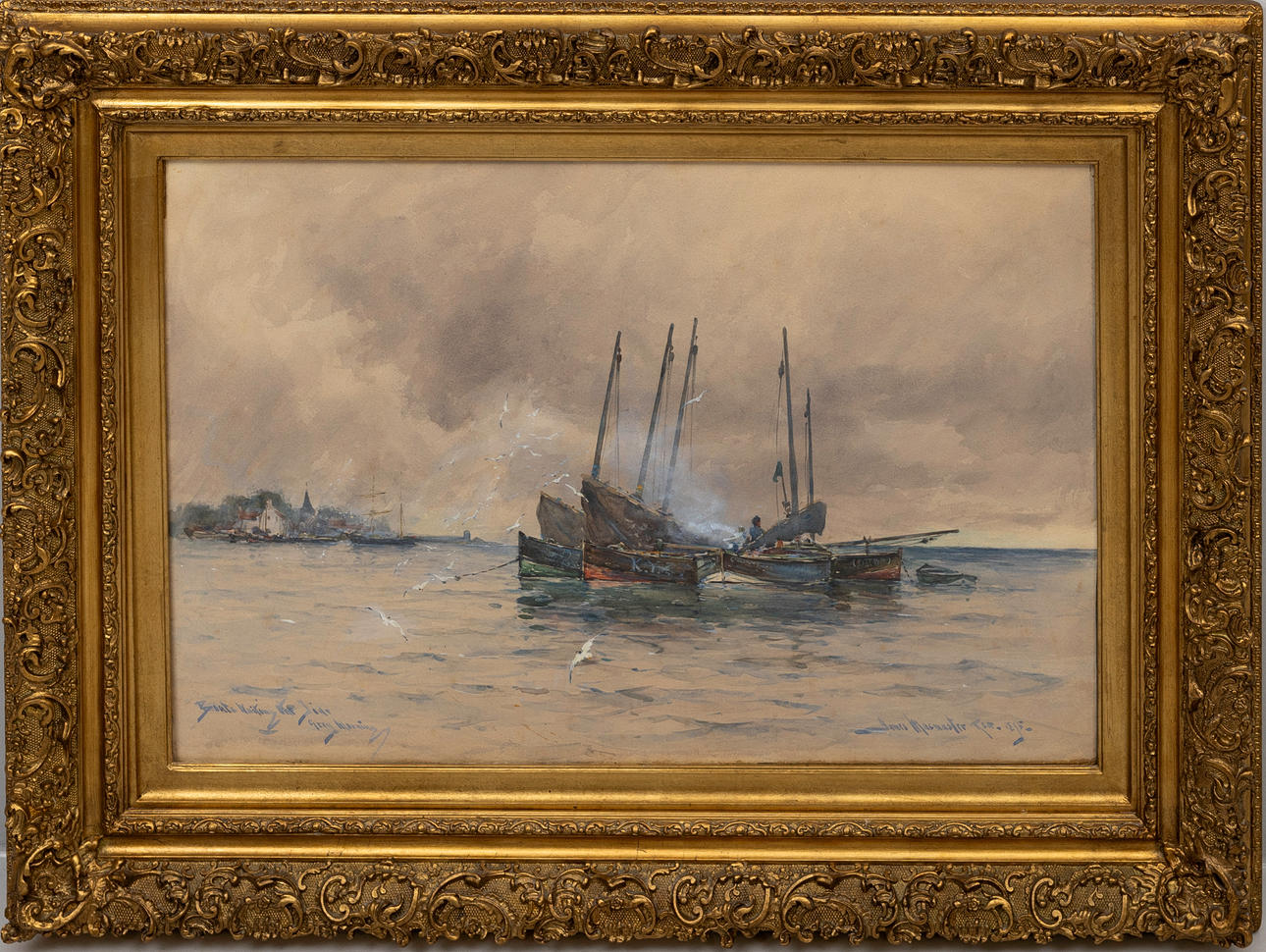JAMES MAC MASTER. "Boats waiting the tide, grey morning", akvarell ...