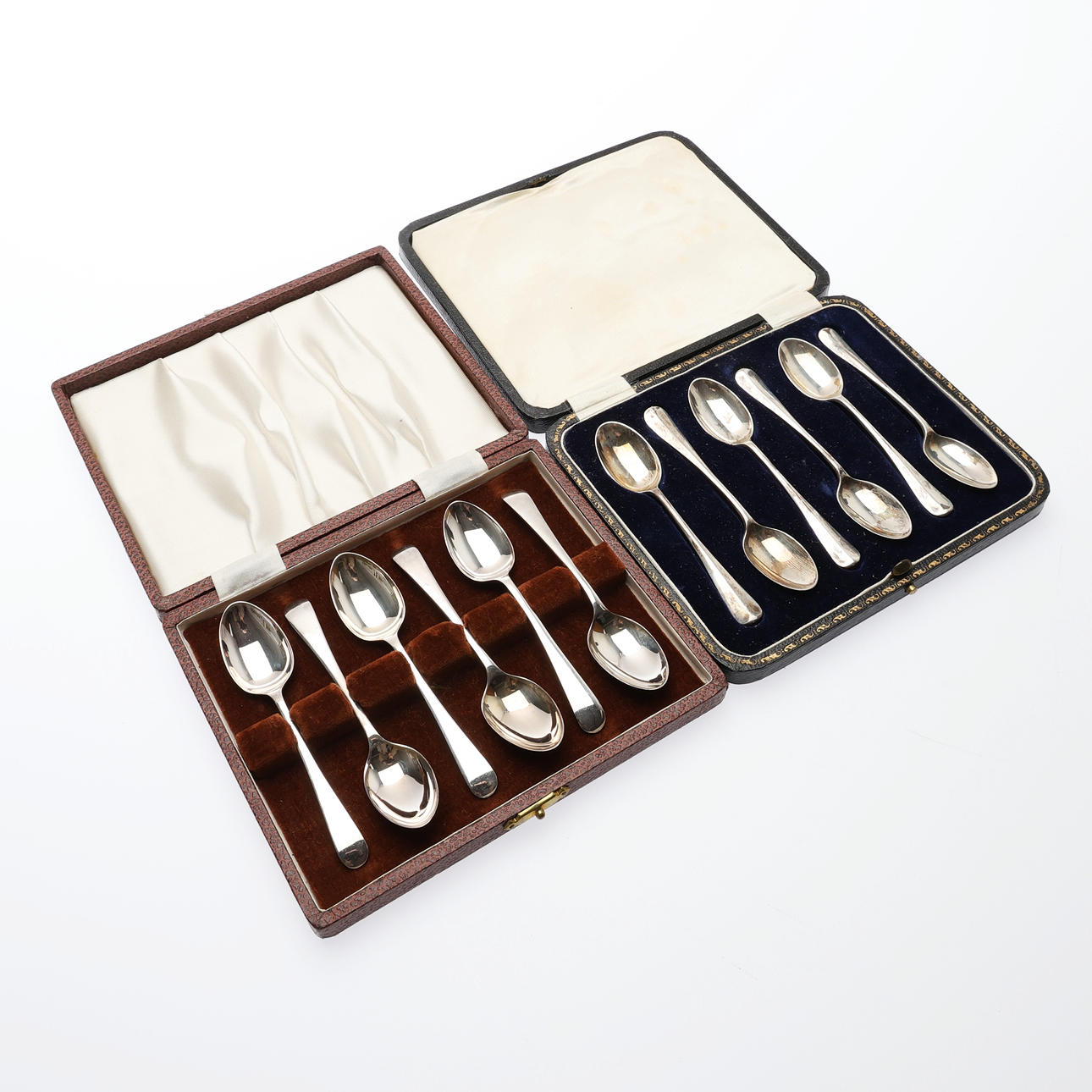 TWO SETS OF 6 SILVER DEMITASSE SPOONS, IN 2 CASES. (14). Silver ...