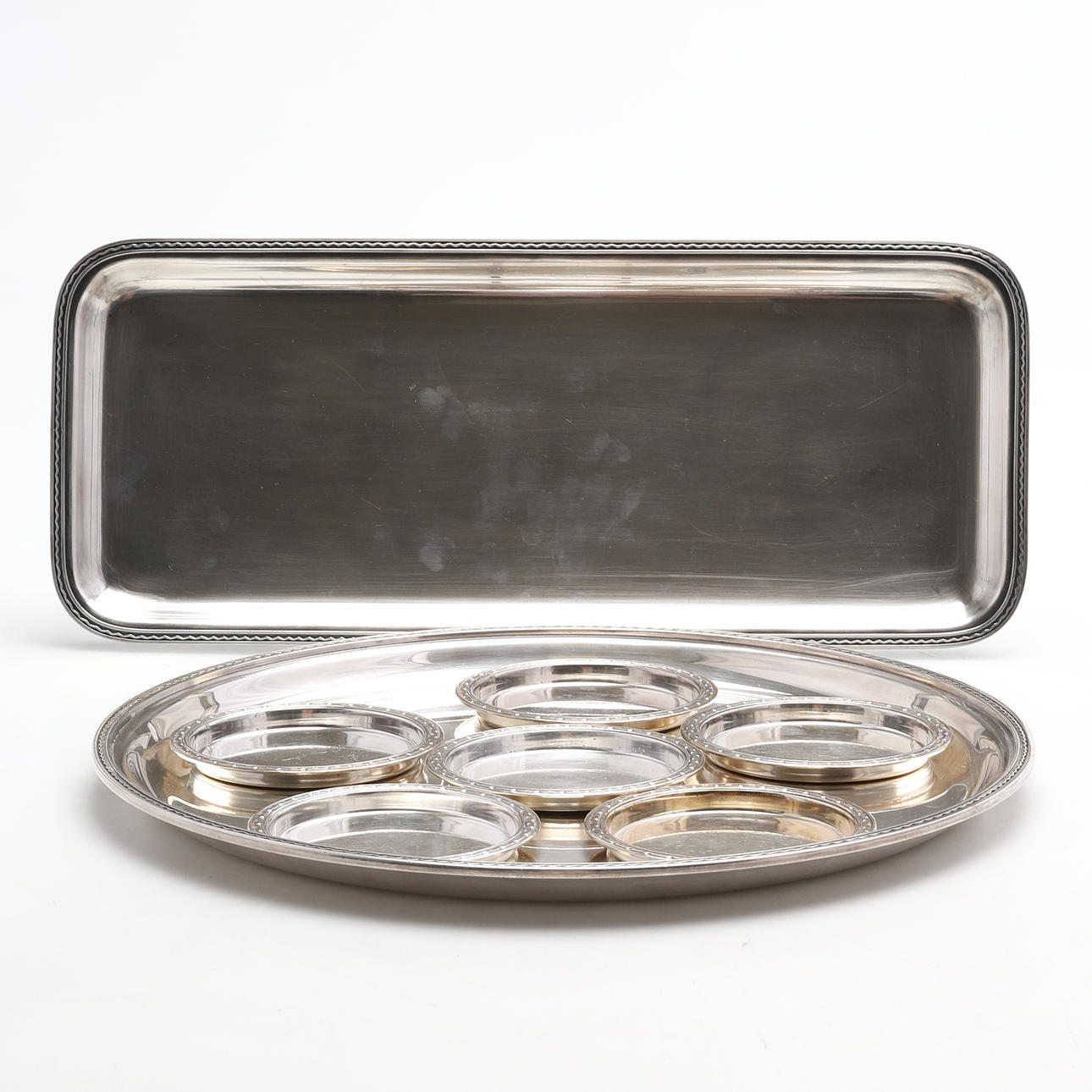TRAYS, 2 pcs, nickel silver C.G. Råström and 6 glass coasters, nickel ...