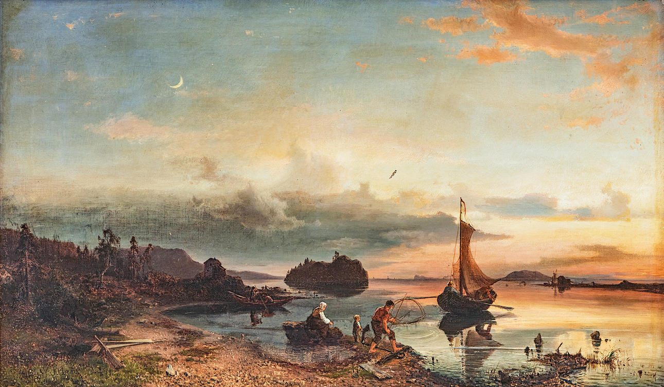 ALFRED WAHLBERG. Kvällsfiske i skymningen. Konst - Måleri - Auctionet