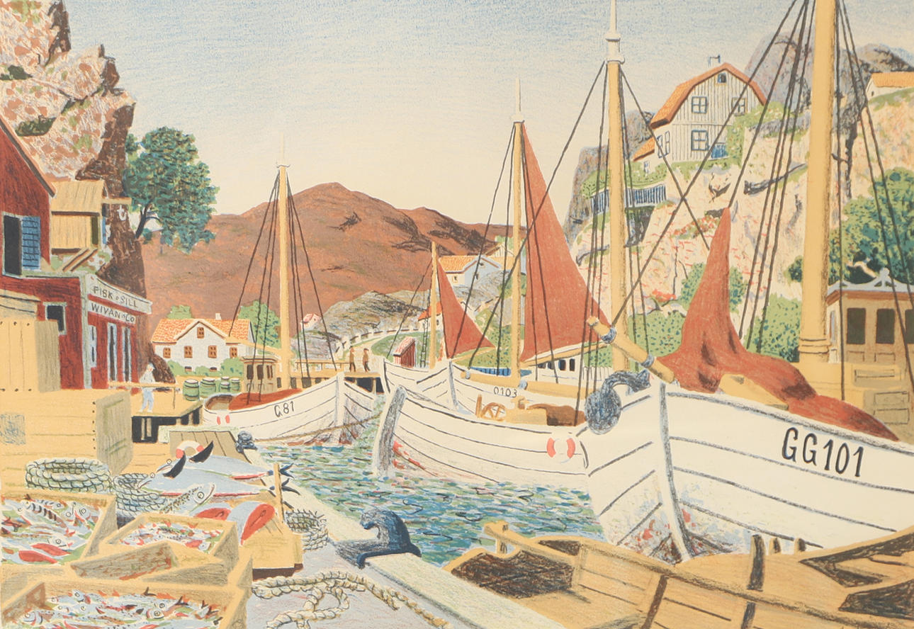 OSKAR BERGMAN. Fischereihafen, Farblithografie, signiert. Kunst ...