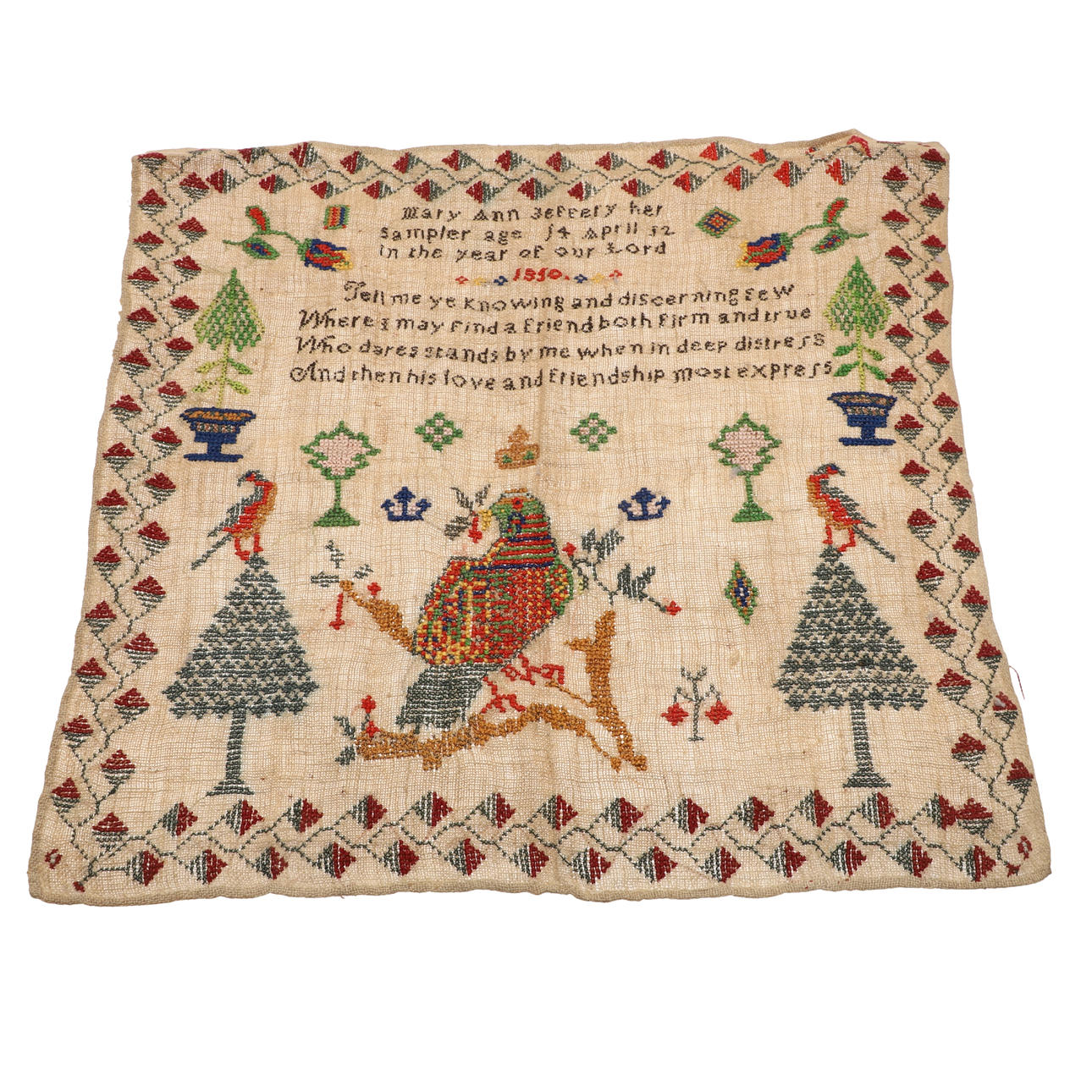 A MID-VICTORIAN NEEDLEWORK PICTORIAL SAMPLER, UNFRAMED. Miscellaneous ...