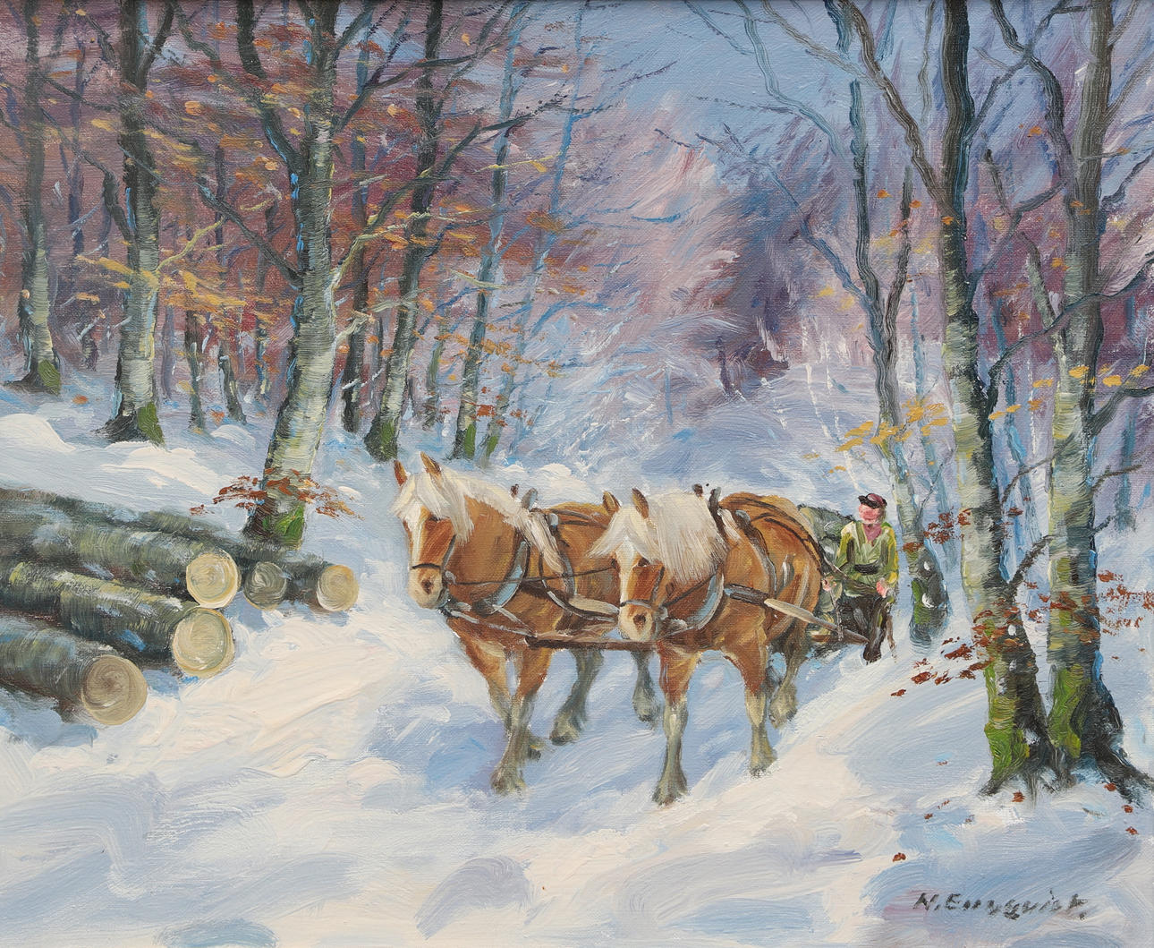 NILS ENGQUIST. oil on canvas, working horses in the forest, signed. Art ...