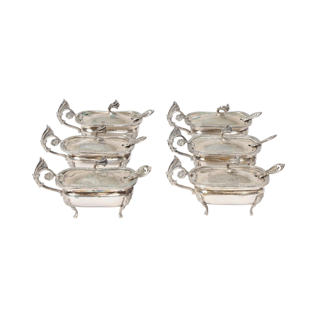 Set of six salt vessels and associated silver salt spoons (12). Silver ...