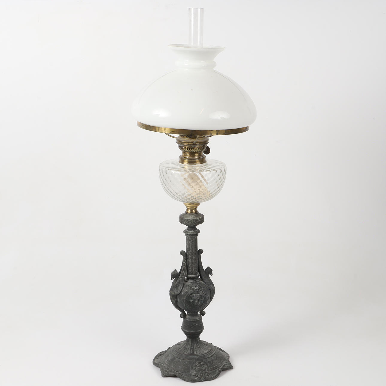 TABLE KEROSENE LAMP. glass and iron, first half of the 20th century ...