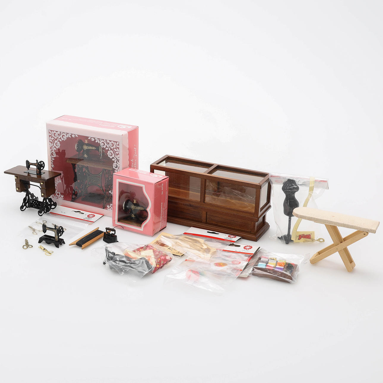 DOLL CABINET FURNITURE with ACCESSORIES, display counter, sewing ...