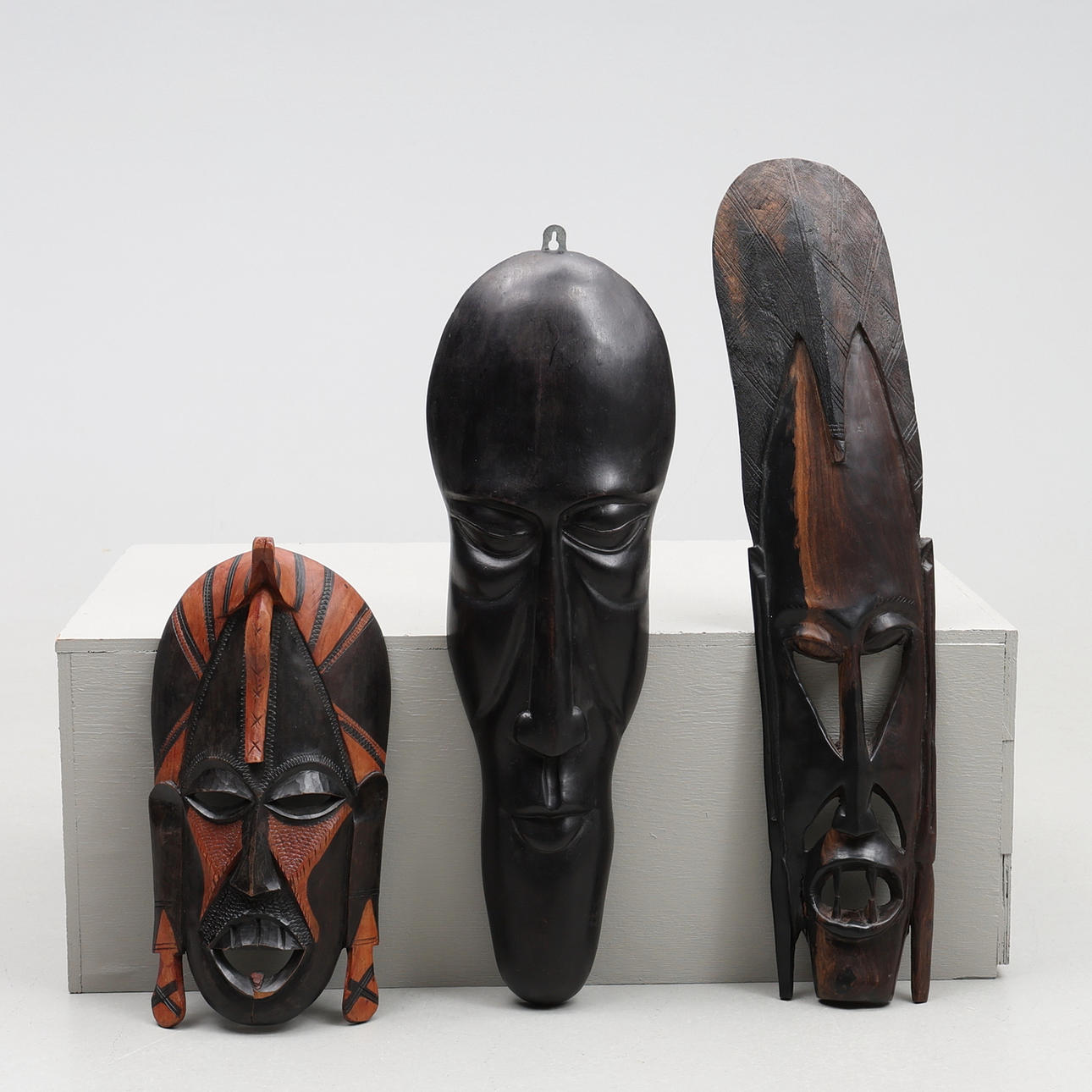 MASKS, 3 PCS. Wooden masks, wall hung, African. Miscellaneous ...
