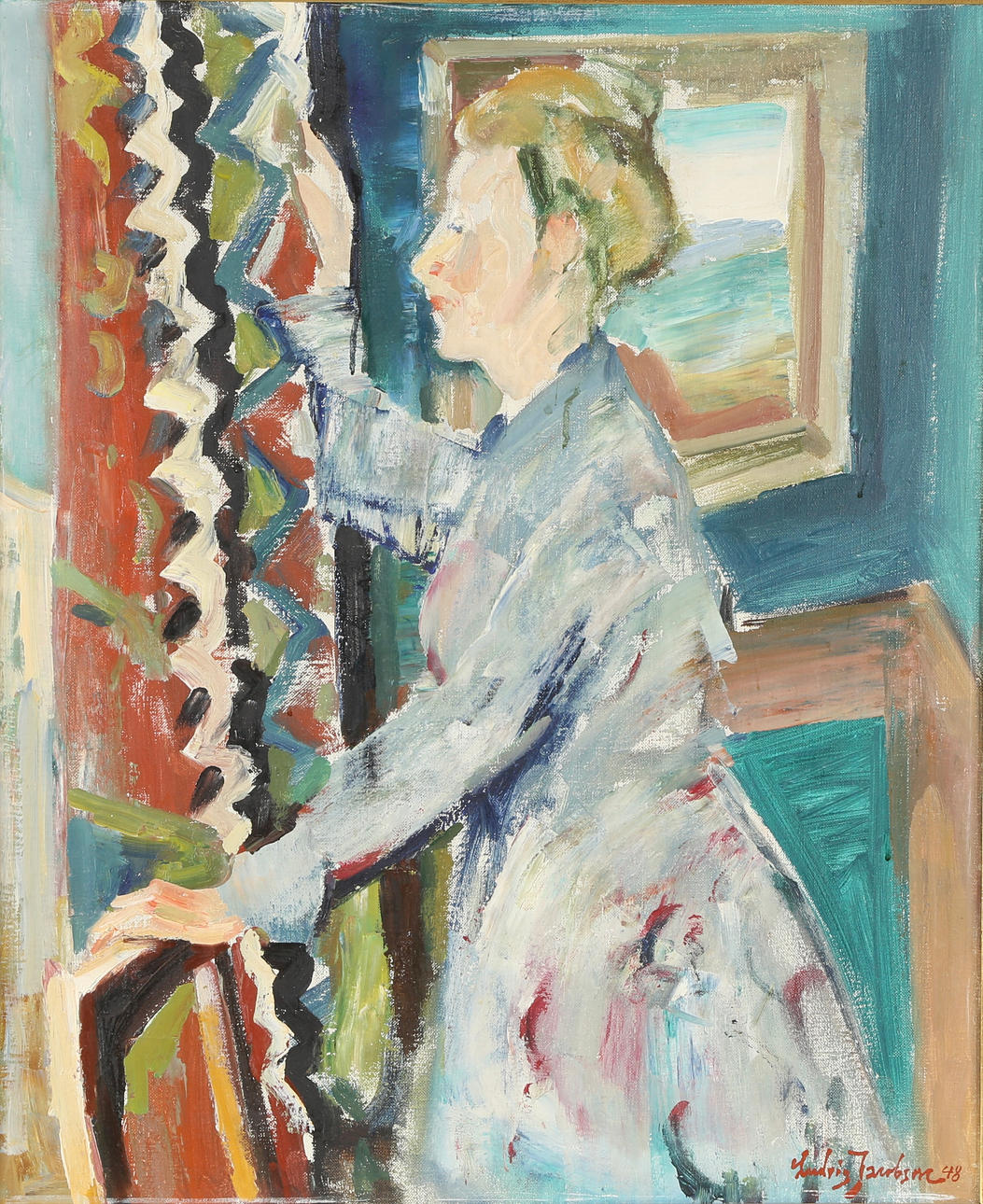 LUDVIG JACOBSEN (1890-1957). Profilporträtt av kvinna, olja på duk ...