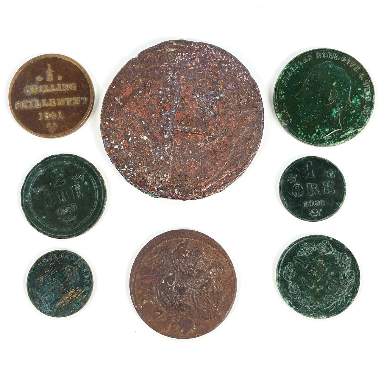 A set of 8 copper coins, 16th-19th century, including 1 penny 1629 ...