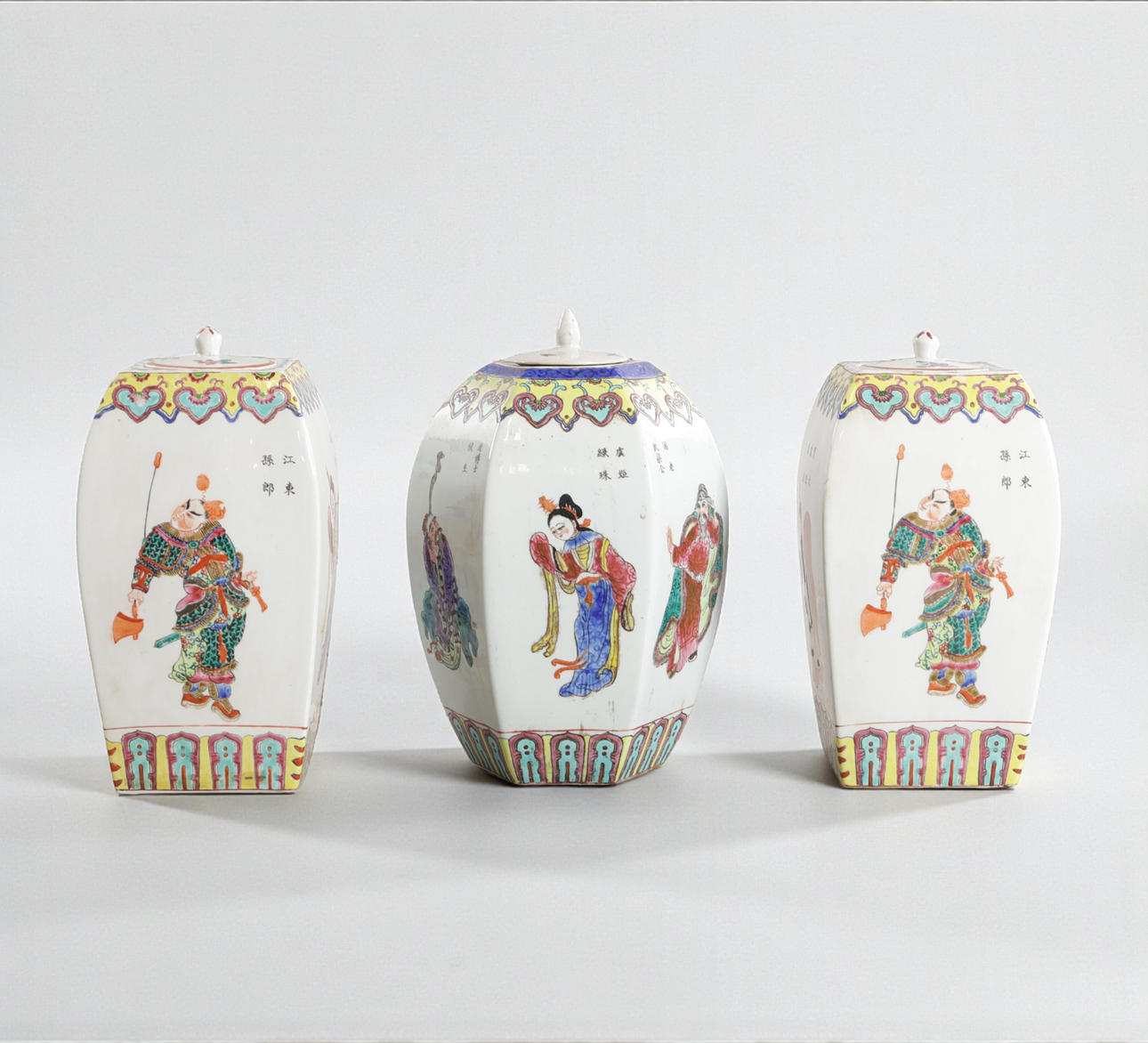 Three Chinese six -/ and square vase of porcelain, decorated with ...