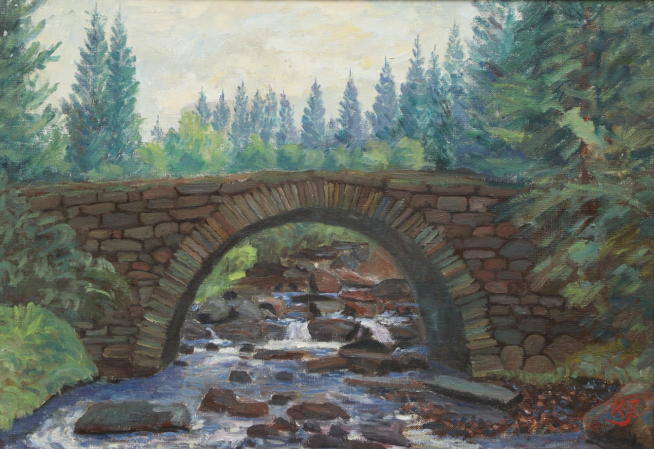 OIDENTIFIERAD KONSTNÄR. Oil on canvas, bridge over streams, signed K.J ...