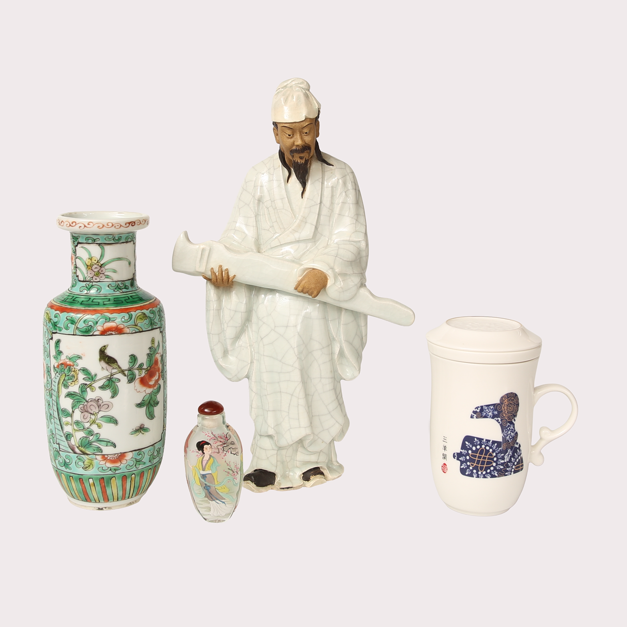 VASE. MAN WITH THE MUSICAL INSTRUMENT QIN. SNUFF BOTTLE, TEACUP WITH ...