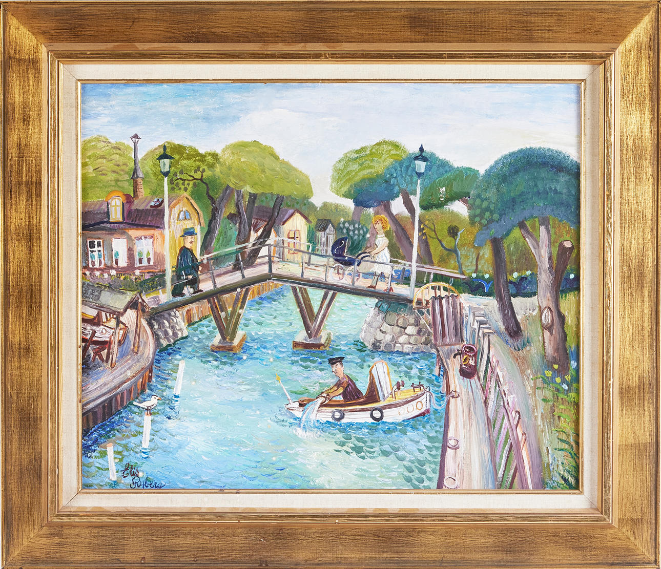 ELIS RYBERG. Figure scene at river, oil on panel, signed. Art ...