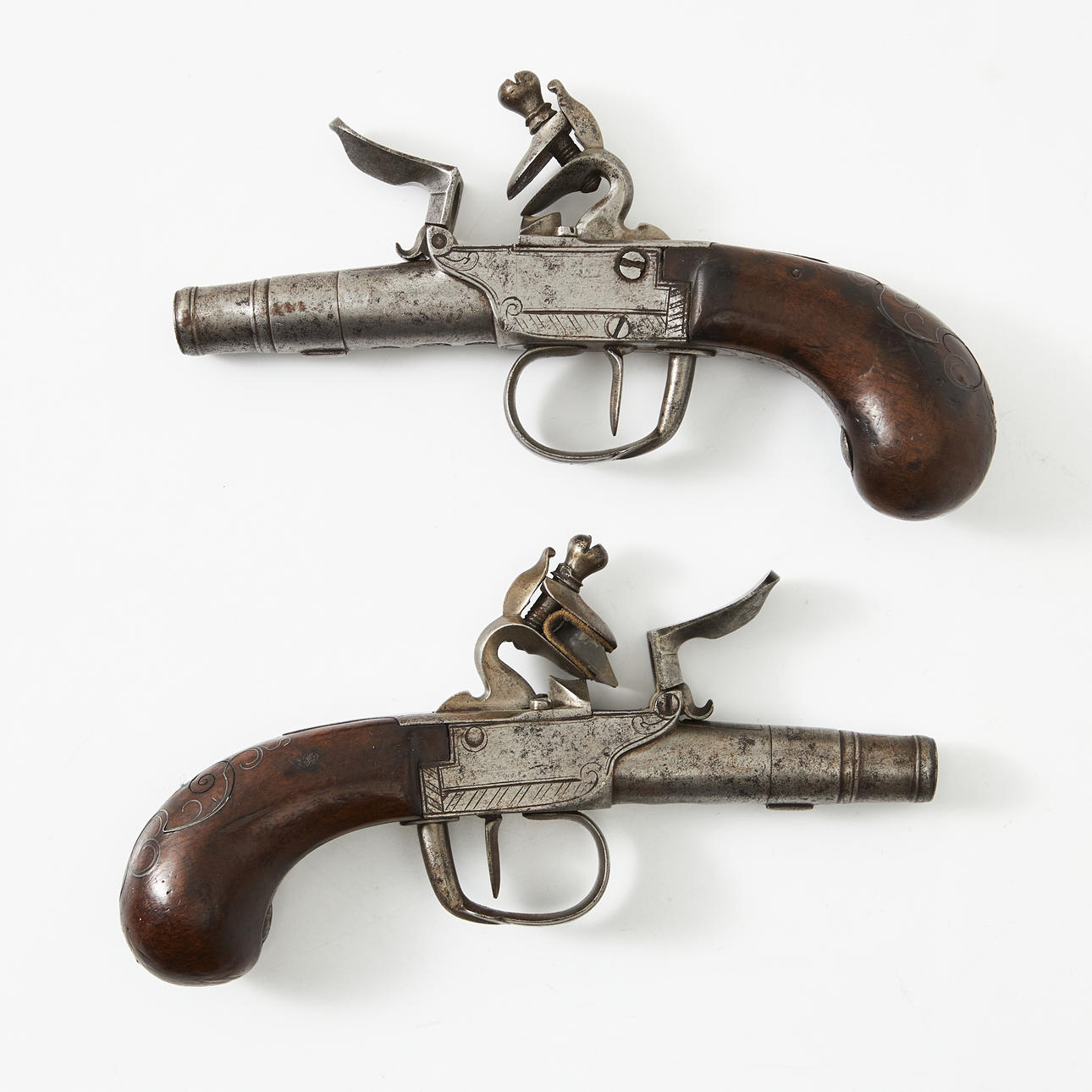 FLINT LOCK PISTOLS, 1 pair, British, with box lock, Georgian, circa ...