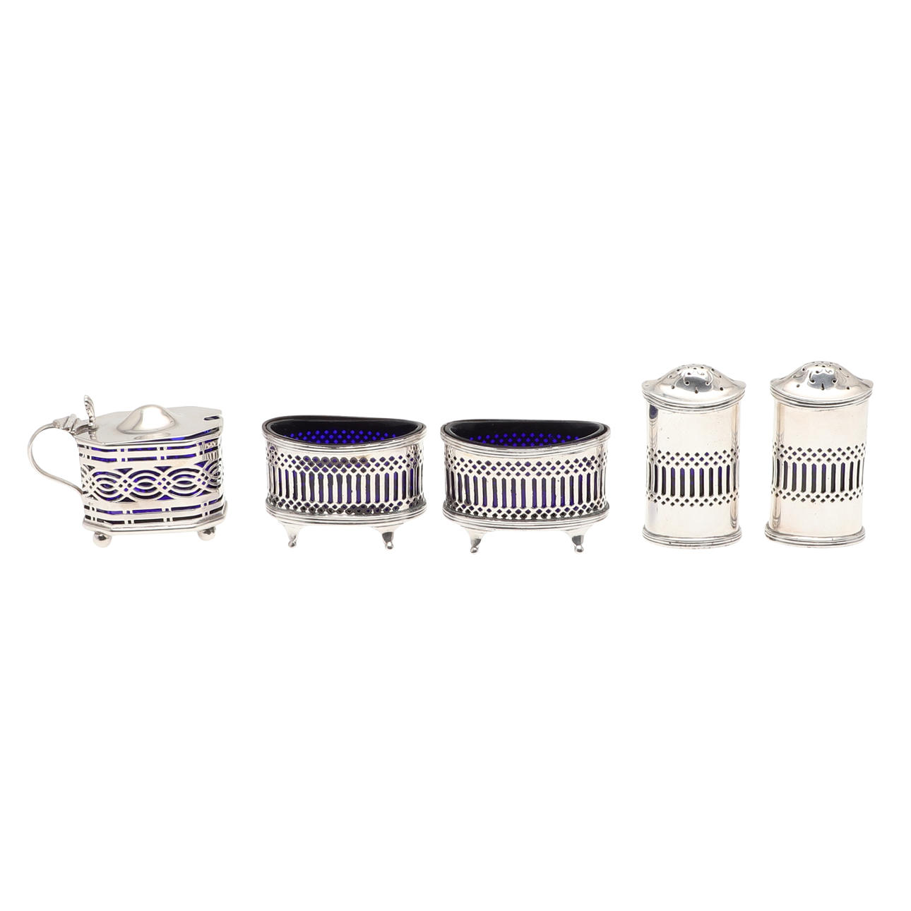 A MIXED FIVE PIECE SILVER CRUET SET. Silver & Metals - Silver - Auctionet