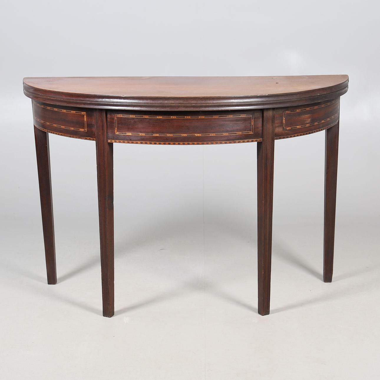 A GEORGE III MAHOGANY AND INLAID DEMI LUNE FOLDING TEA TABLE. Furniture ...