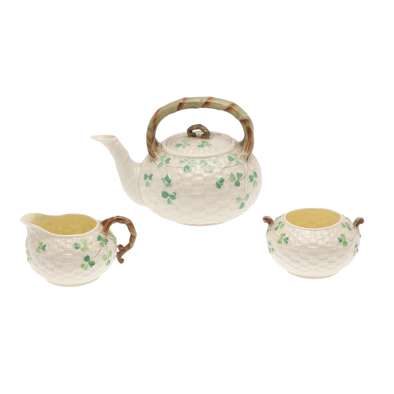 BELLEEK 19TH CENTURY PORCELAIN TEAPOT WITH MILK JUG AND SUGAR BOWL ...