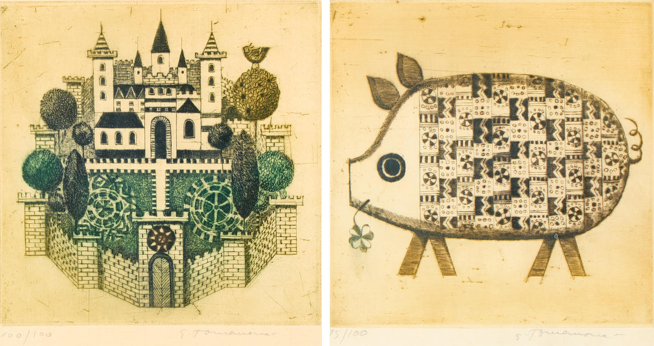 EMÍLIE TOMANOVÁ. Pig and city motifs. Art - Engravings & Prints - Auctionet