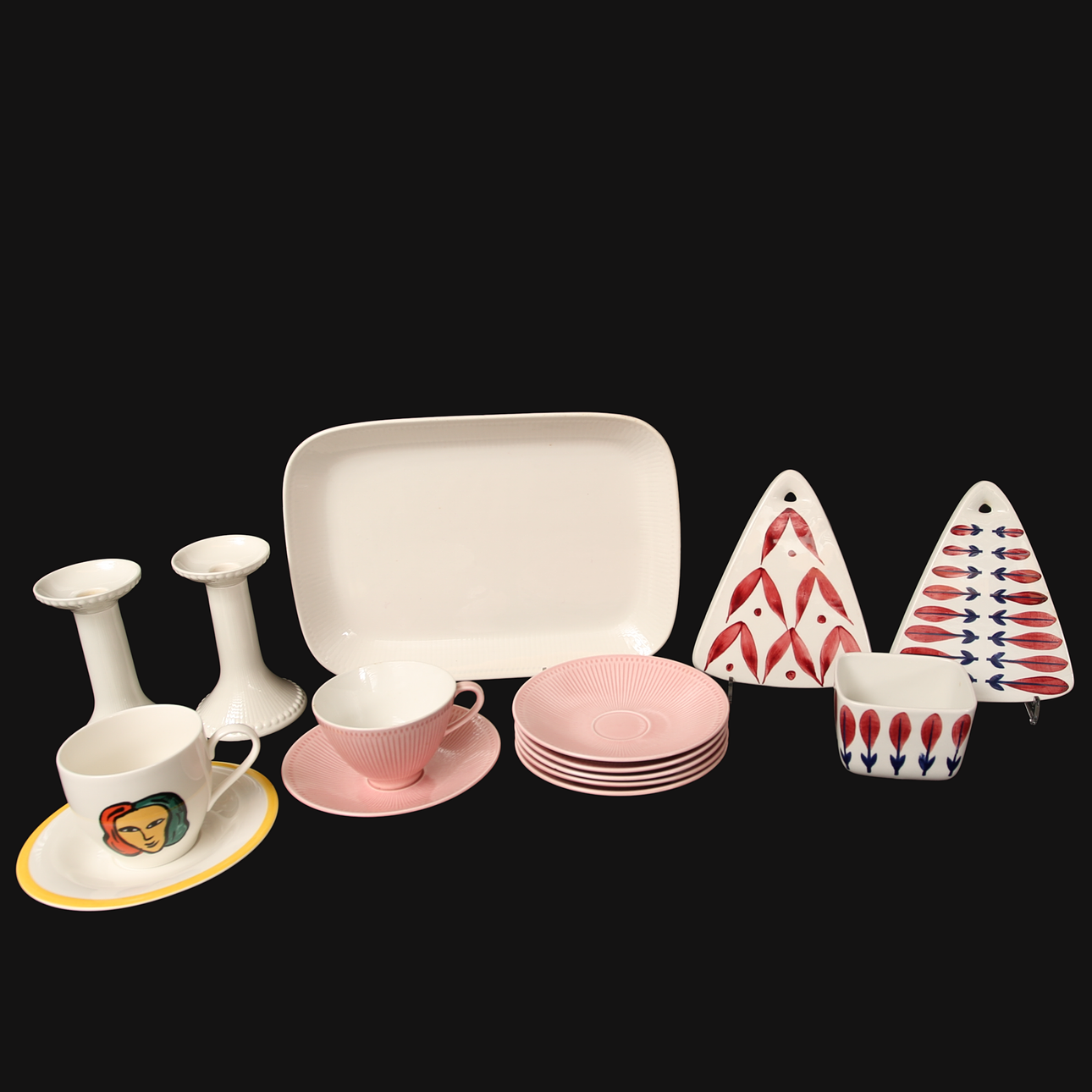 VARIOUS TABLEWARE PARTS. Saucers, cups, candlesticks, cheese trays ...