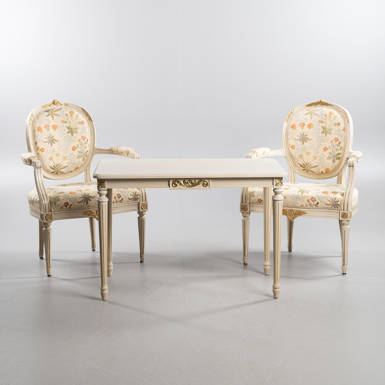 Gustavian style 3-piece armchairs with table, around the middle of the ...