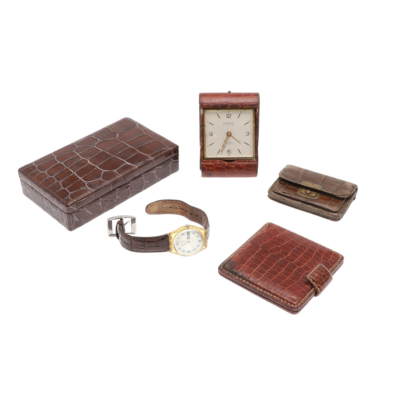 ANTIQUE CROCODILE SKIN TRAVEL CLOCK & OTHER ITEMS. Miscellaneous ...