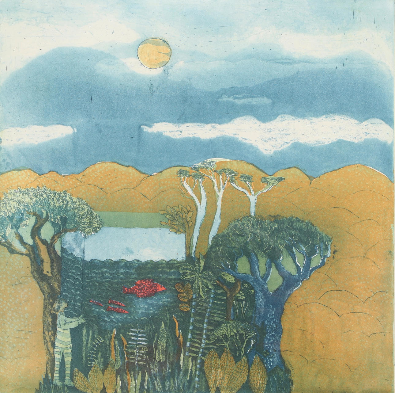 HELMTRUD NYSTRÖM. Värietsaus, ”Oasis with aquarium”, signeerattu ...