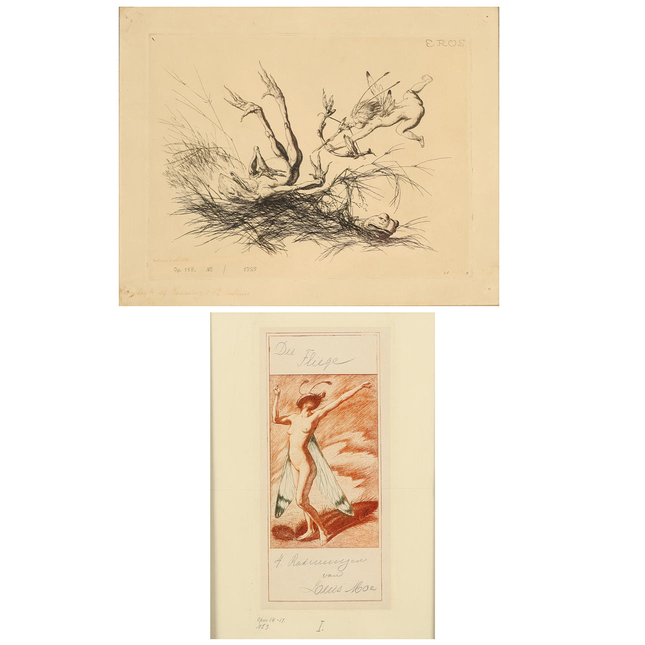 LOUIS MOE (1857-1945). Etchings opus 14 'The fly' and opus 118 'Eros ...