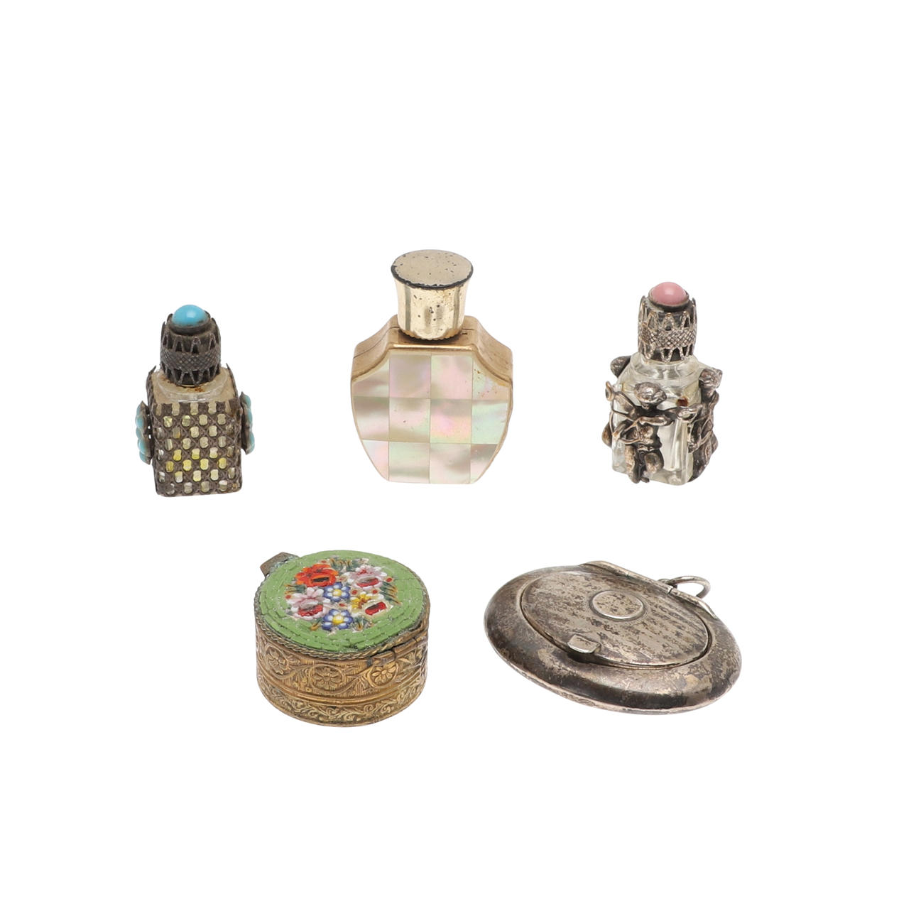 A SILVER COMPACT AND FOUR SCENT BOTTLES AND PILL BOX. Silver & Metals ...