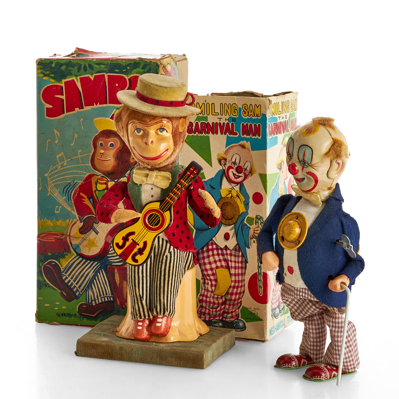 ALPS. Mechanical toys, 2 pcs, “Sambo” & “Smiling Sam”, Japan, clockwork ...