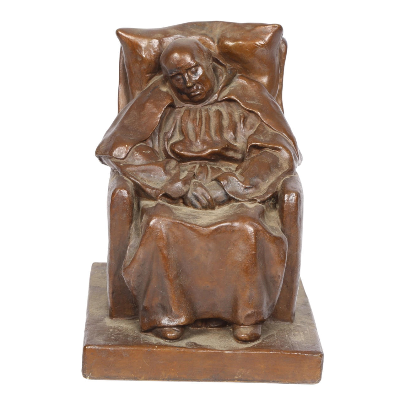 VIGGO CHRISTIAN HANSEN. Skulptur av brunad brons i form av sovande munk ...